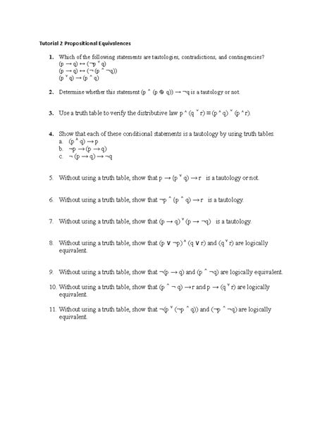 Tutorial 2 For Propositional Equivalences Which Of The Following
