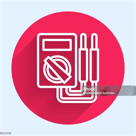 긴 그림자로 격리 된 흰색 라인 암페어 미터 멀티 미터 볼트 미터 아이콘 전류 측정을 위한 계측기 빨간색 원 버튼입니다 벡터 일러스트레이션 건강 검진에 대한 스톡 벡터 아트