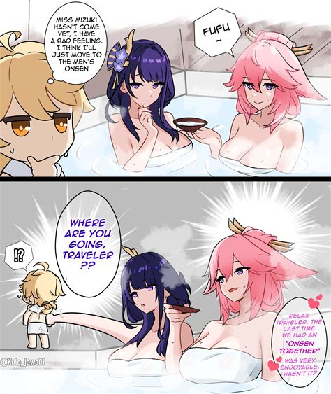 Raiden Shogun Yae Miko And Aether Genshin Impact Drawn By Kulojawa