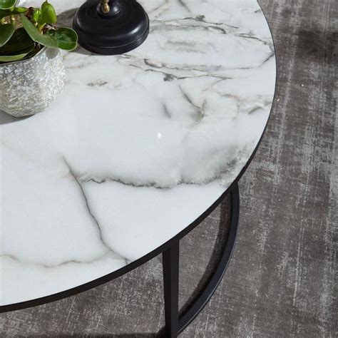 Table Basse Ronde 80x40 Cm Aspect Marbre Blanc Et Acier Noir Maison