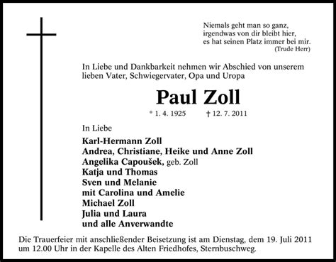 Traueranzeigen Von Paul Zoll Trauer In Nrwde