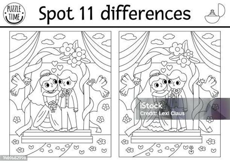 아이들을위한 차이점 찾기 게임 아치 아래 귀여운 부부와 함께하는 결혼식 흑백 활동 재미있는 신부와 신랑이 있는 아이들을 위한