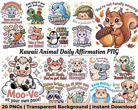 Kawaii Animal Daily Affirmation Png Bundle 20 Cute Animal Quotes