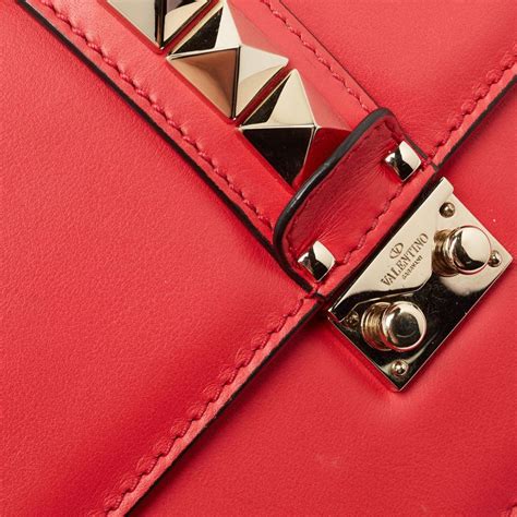Valentino Coral Red Leather Medium Glam Lock Chain Shoulder Bag
