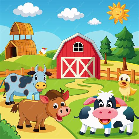 Premium Vector A Cartoon Illustration Of Cows And A Barn With A Red