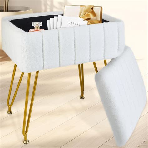 Vanity Stool With Storage Faux Fur Makeup Stool With Metal Legs