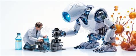 Scientist Collaborating With Robot In Futuristic Laboratory Stock Image Image Of Laboratory