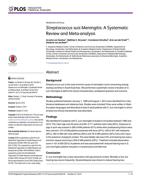 Pdf Streptococcus Suis Meningitis A Systematic Review And Meta Analysis