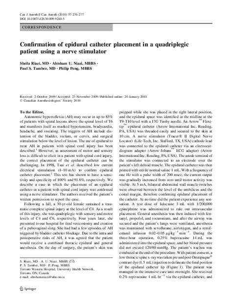 Pdf Confirmation Of Epidural Catheter Placement In A Quadriplegic Patient Using A Nerve Stimulator