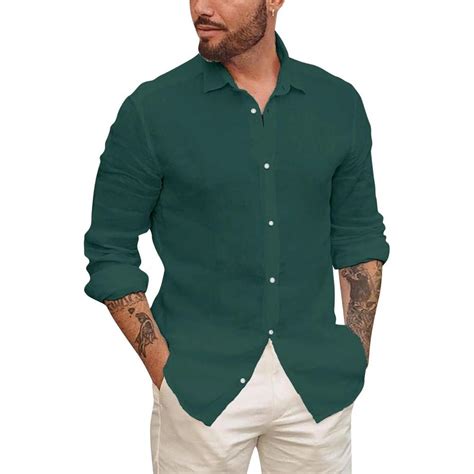 Mens Button Up Shirts Long Sleeve Linen Beach Casual Cotton Summer