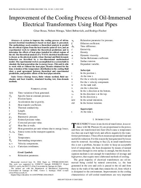 Pdf Improvement Of The Cooling Process Of Oil Immersed Electrical Transformers Using Heat Pipes