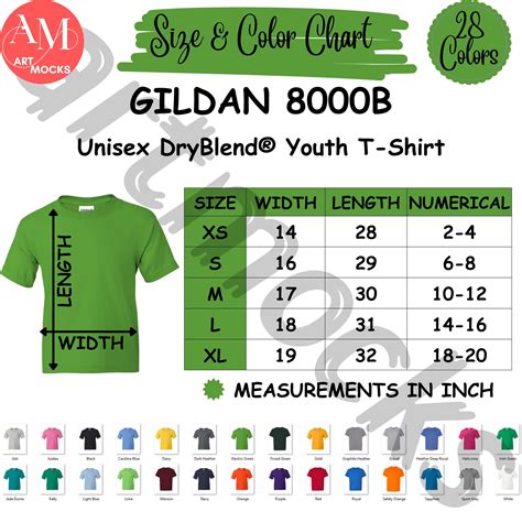 Gildan 8000b Unisex Dryblend Youth T Shirt Size And Color Chart G8000b