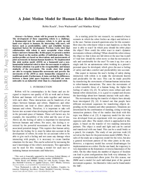 Pdf A Joint Motion Model For Human Like Robot Human Handover