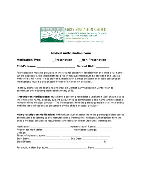 Medication Authorization Medication Authorization Ymca Dc Highlandsrec Ca Doc