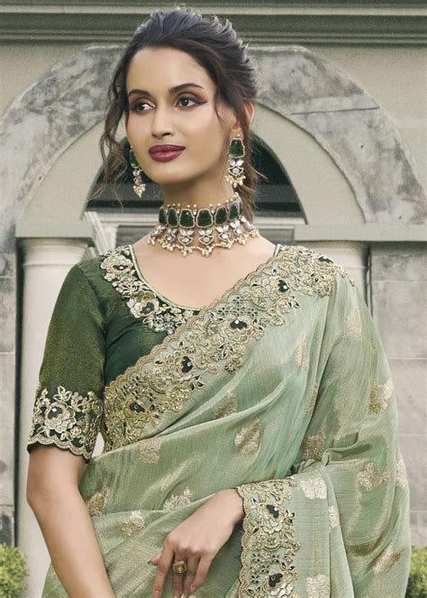 Sage Green Embroidered Dola Silk Saree With Scalloped Border Urban