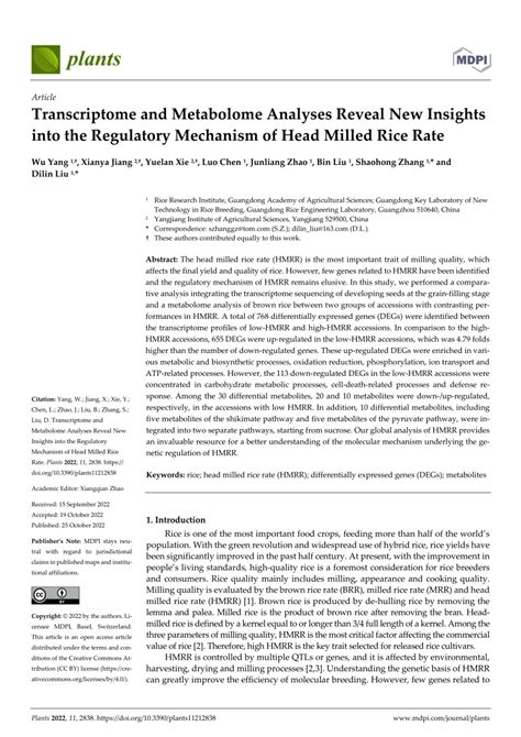 Pdf Transcriptome And Metabolome Analyses Reveal New Insights Into