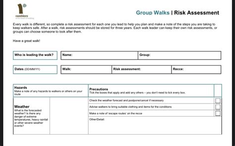 Risk Assessment Form For Walk Leaders