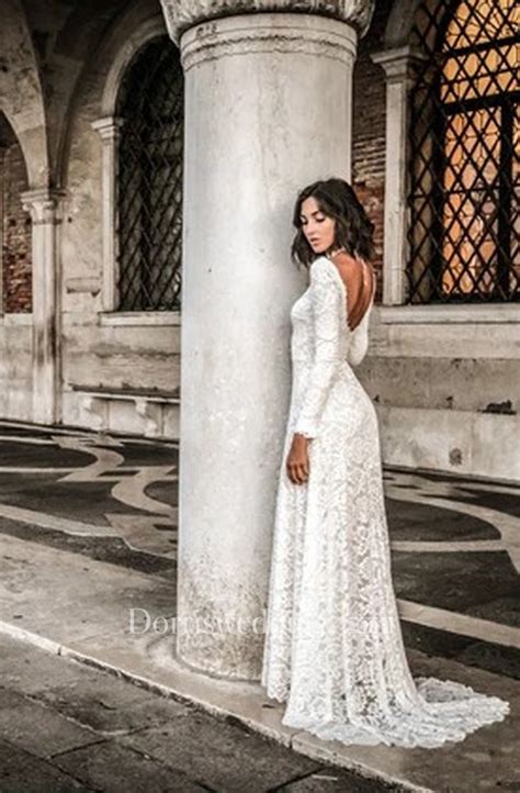 Lace Long Sleeve Boatneck Modest Wedding Dress White Sheer Gown