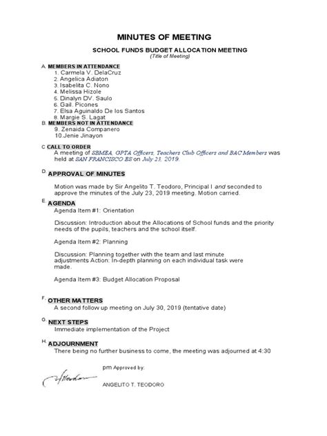 Sample Minutes Of Meeting Pdf