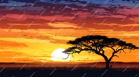 Premium Ai Image Sunset On African Plains With Acacia Tree Kalahari