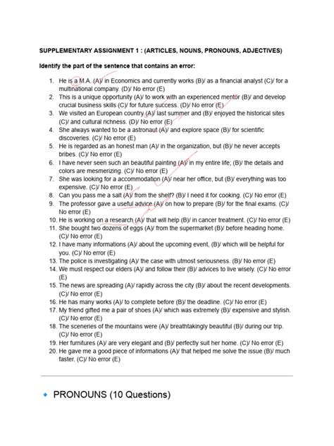 Supplementary Assignment 1 Articles Nouns Pronouns Adjectives Pdf
