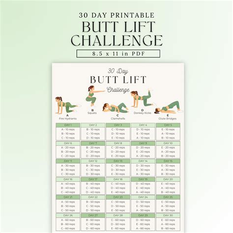 Butt Lift 30 Day Challenge Glutes Hips And Leg Exercises Printable