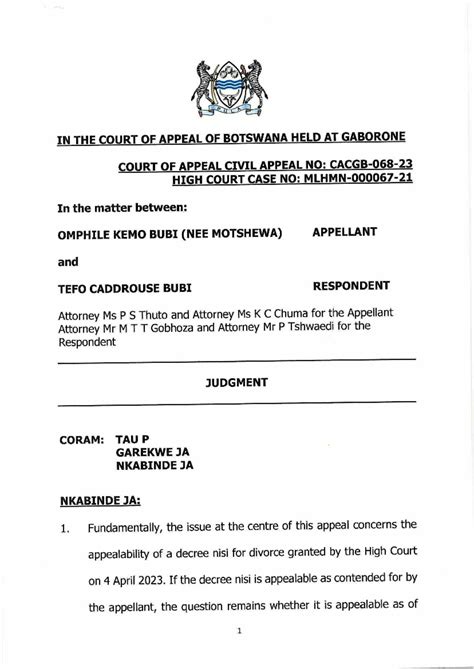 Cacgb 068 23 Omphile Kemo Bubi Nee Motshewa V Tefo Caddrouse Bubi 0001 In The Court Of