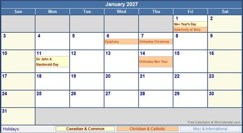 January 2027 Calendar With Holidays