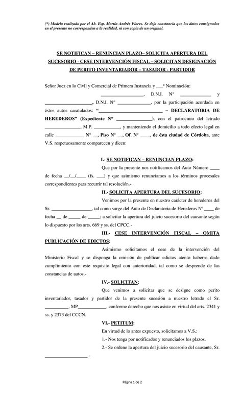 Tp 4 Modelo De Escrito De Apertura Del Sucesorio Inventario Y Avalúo