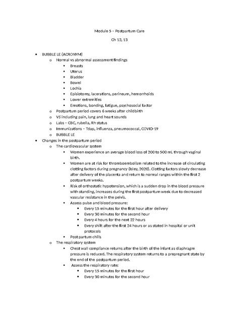 Ob Exam 3 Exam 3 Module 5 Postpartum Care Ch 12 13 Bubble Le Acronym O Normal Vs