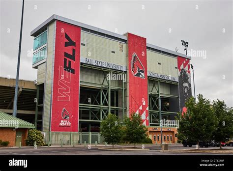 Scheumann Stadium With Cardinal Banners On Side Of Building Summer In Muncie Indiana Stock