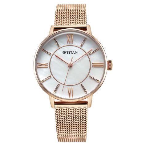 Buy Online Titan T Quartz Analog Mother Of Pearl Dial Rose Gold