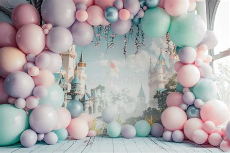 A Whimsical Balloon Arch In Pastel Shades Framing A Photo Wall With A
