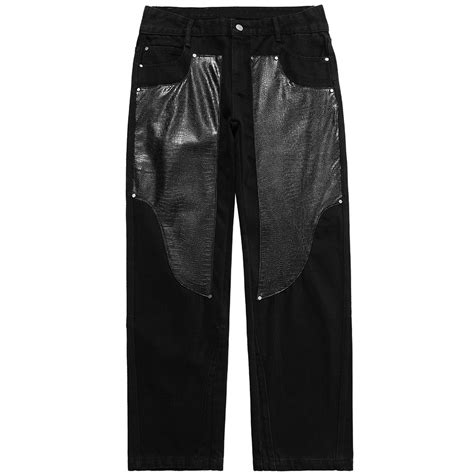 Aolamegs Vintage Leather Patchwork Jeans Men Punk Grandado