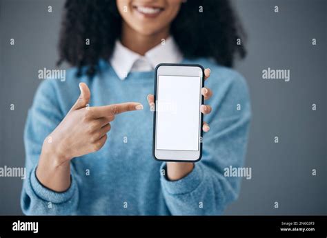 Mockup Screen Phone Or Black Woman Pointing Hand At Digital Marketing