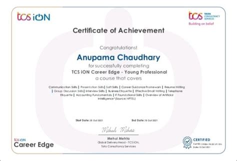 Anupama Chaudhary On Linkedin Certificateofcompletion Tcs
