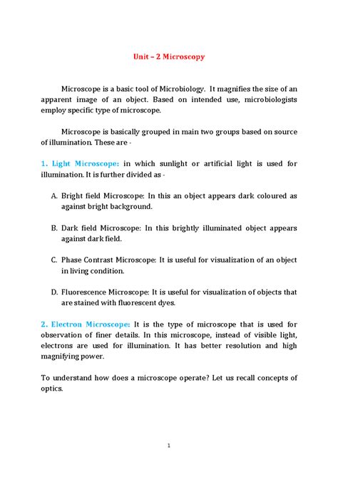 Unit 2 Microscopy Comprehensive Study Notes On Microscope Types