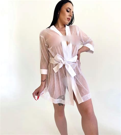 White Sheer Mesh Kimono Robe Bridal Lingerie Plus Size Available Etsy