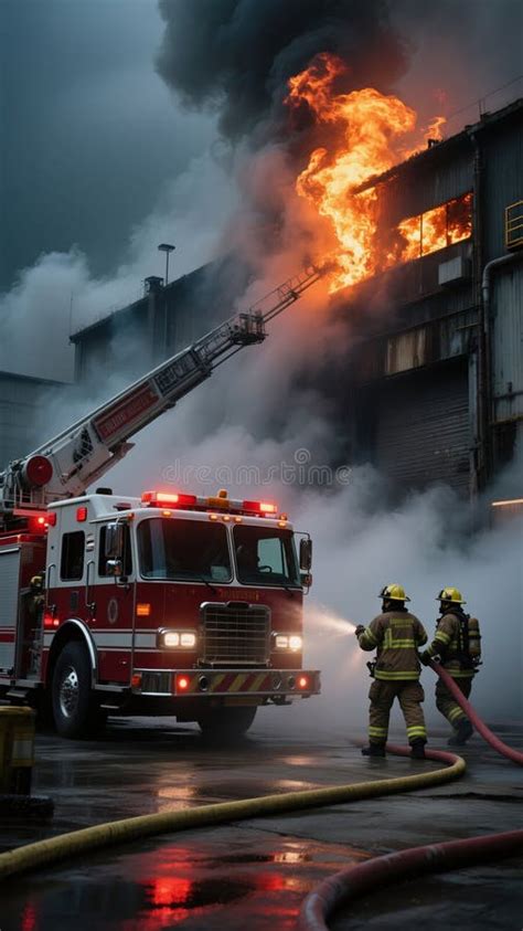 Dramatic Scene Of Firefighters Battling A Large Industrial Fire With A