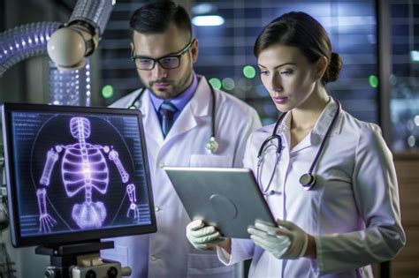 Doctor And Medical Assistant Robot Analyze Dna On Virtual Interface Premium Ai Generated Image