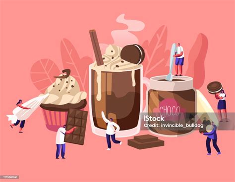 거대한 초콜릿 디저트 요리 중 작은 문자 패스트리 초코 페이스트 컵 케이크 사탕 지팡이 칵테일 달콤한 음식 개념을 먹는 사람들 만화 초콜릿에 대한 스톡 벡터 아트 및 기타