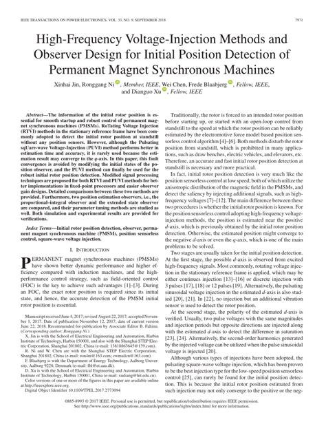 pdf high frequency voltage injection methods and observer design for