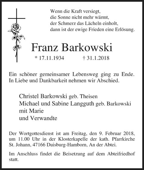 Traueranzeigen Von Franz Barkowski Trauer In Nrwde