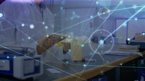 Animation Of Connected Dots Graph Icons Biracial Female Scientist Reading Reports In