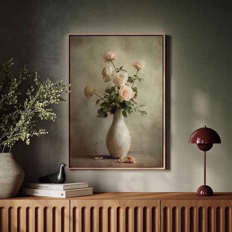 Romantic Floral Still Life Canvas Wall Art Vintage Roses In Vase Wall