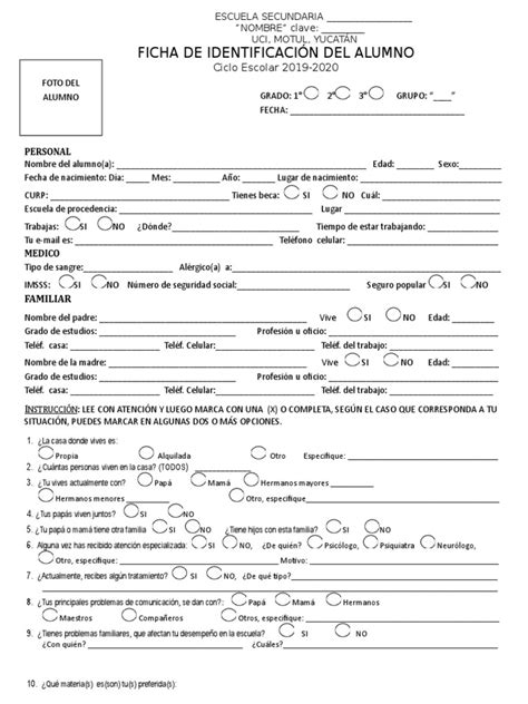 Ficha Identificación Alumnos 2019 2020 Pdf Bienestar Medicina