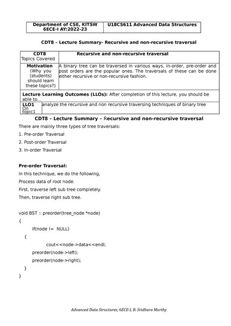 Cdt8 Recursive And Non Recursive Traversal Department Of Cse Kitsw