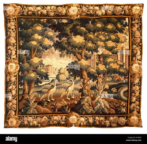 Medieval Tapestry Fabric Pattern With Classical Landscape Ornament In