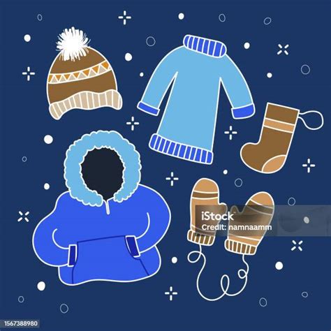 파란색과 갈색 겨울 의류는 네이비 배경에 분리되어 있습니다 겨울 옷을 입은 요소를 낙서하십시오 0명에 대한 스톡 벡터 아트 및 기타 이미지 Istock