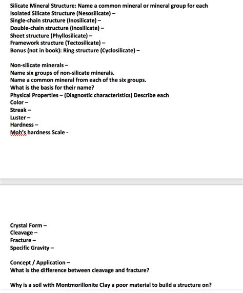 Solved Silicate Mineral Structure Name A Common Mineral Or